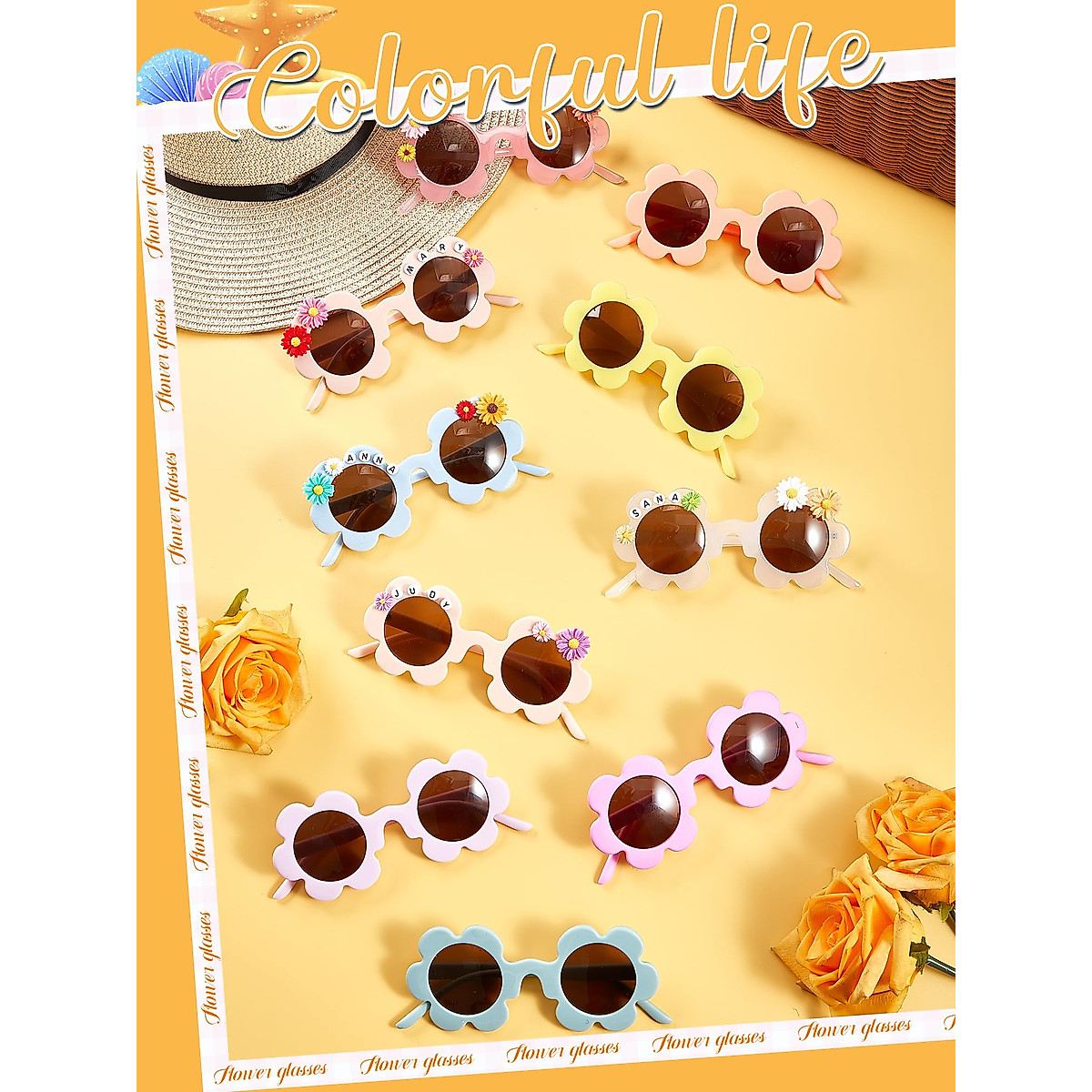 Tigeen 10 Pairs 5.71in Adult Flower Sunglasses Glasses UV Protection Glasses with 50 Daisy Charms 200 Random Letter Beads(Trendy Colors)