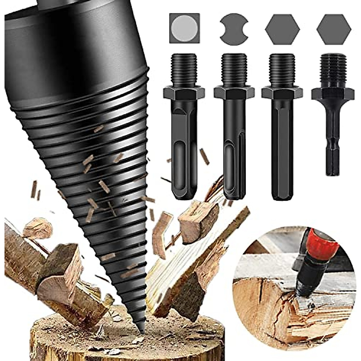 Firewood Log Splitter 45mm+32mm, 6PCS Wood Log Splitter Firewood Detachable Drill Bit Heavy Duty Electric Drills Screw Cone Driver Hex + Square + Round