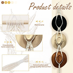 Gute Macrame Hat Hangers, Boho Hats Rack for for Wall Hanging, Black White Woven Women Hat Holder Organizer for Wide Brim and Fedoras Sun Hat Cowboy Hat Display(White,3 Hat Style)