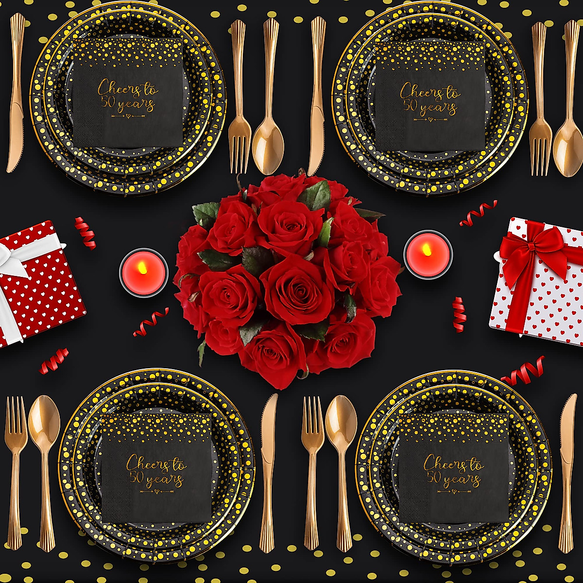 Sparkles Hub 50th Birthday Party Supplies Tableware Serves 24: 9" Paper Plates 7" Plate 9 Oz Cups Napkins Forks Knives Tablecloth 50th Birthday Black & Gold Dot Themed Disposable Dinnerware