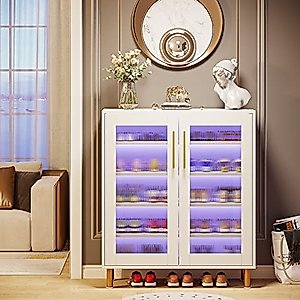 Tribesigns Shoe Cabinet with Acrylic Doors and LED Light, 24 Pairs Entryway Shoe Organizer Storage Rack with 5-Tier Adjustable Shelves for Narrow Closet, Hallway, Living Room (White & Gold)