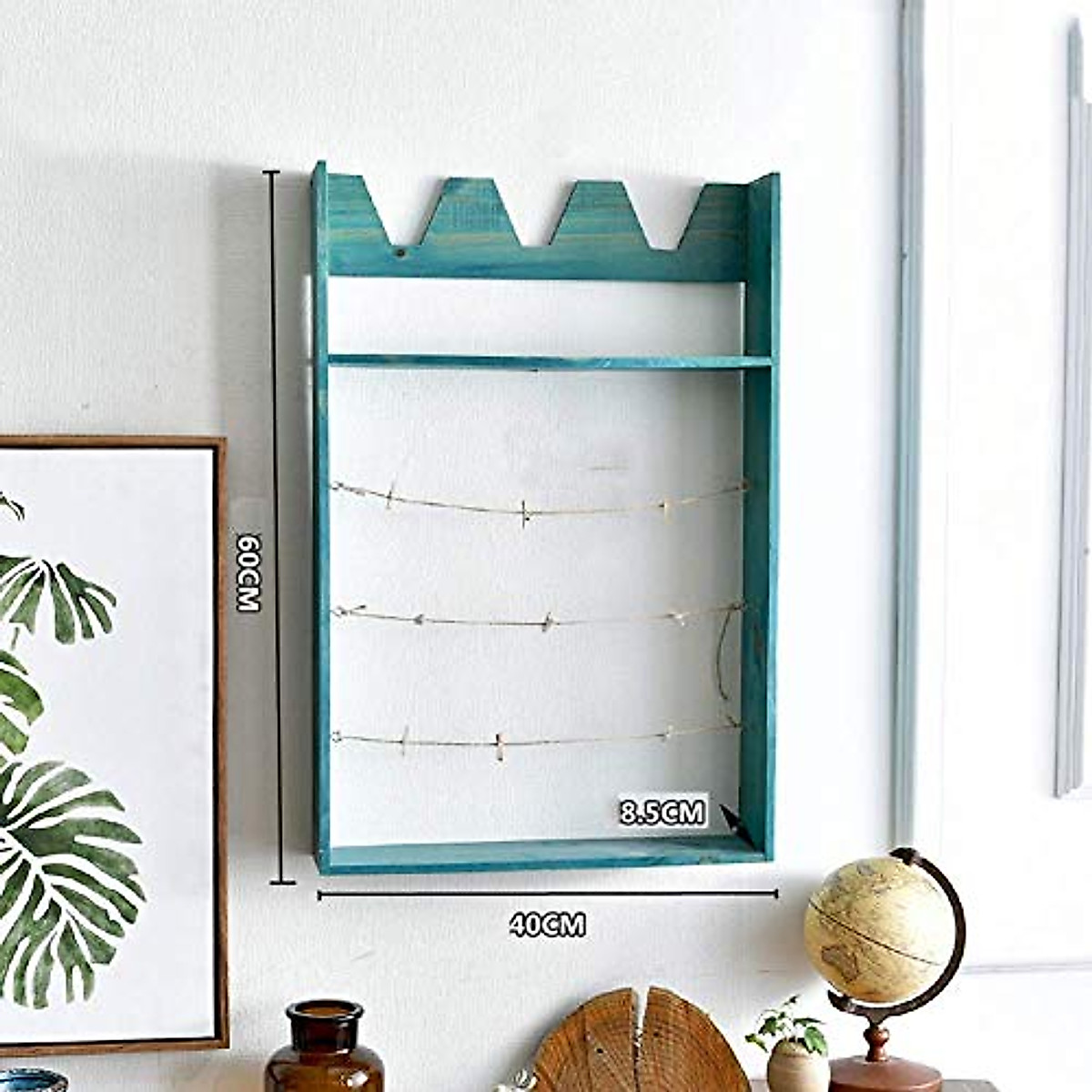 PIBM Stylish Simplicity Shelf Wall Mounted Floating Rack Shelves American Style Solid Wood Photo Retro Multifunction Message Wall Green Plant, Blue , 40X8.5X60CM