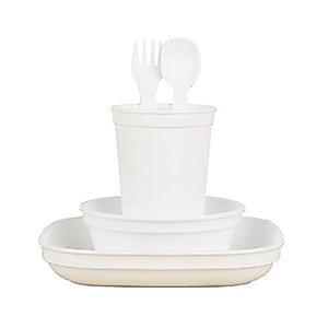 Re-Play Made in USA Toddler Dinnerware Set - 10 oz. Open Cup, 7" Flat Plate, 12 Oz. Bowl, Rounded Tip Fork and Deep Scoop Spoon - Dishwasher/Microwave Safe Plastic Dinnerware Set - White