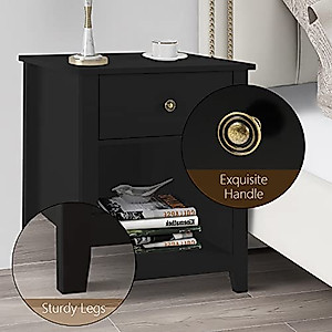 Vikiullf Black Nightstands with Drawer - Set of 2 Modern Bedroom Night Stands, Wood Bedside Tables with 1 Storage Drawer and Open Shelf, 23.8”H