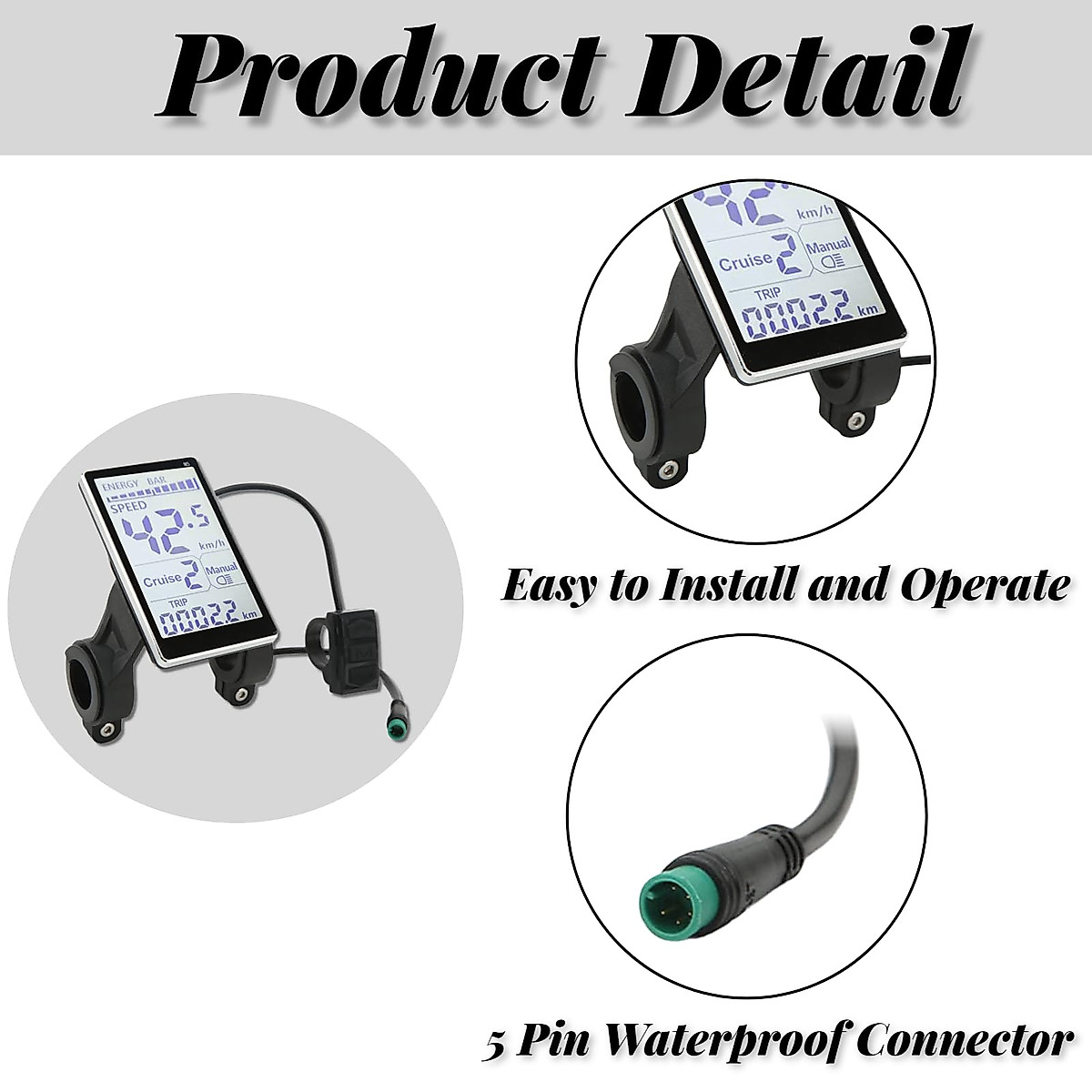 Ebike LCD Display, 24V 36V 48V 60V Universal, 5 Pin M5 Panel Meter Screen for 31.8mm/1.25in, 22.2mm/0.87in Handlebar for Electric Bikes
