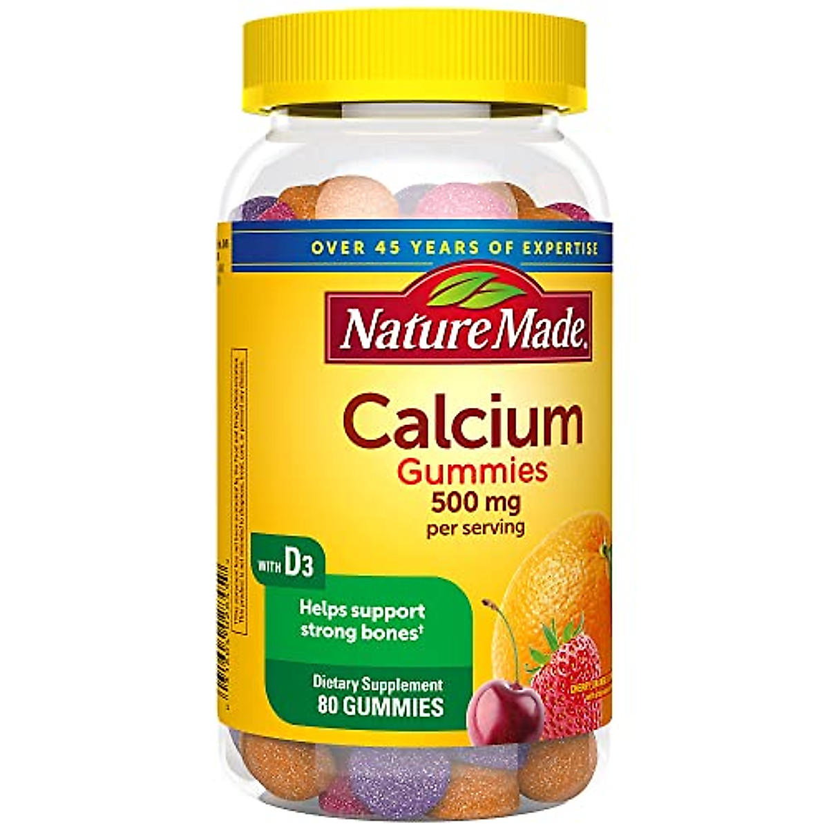 Nature Made Calcium Gummies 500 mg Per Serving with Vitamin D3, Dietary Supplement for Bone Support, 80 Gummies, 40 Day Supply