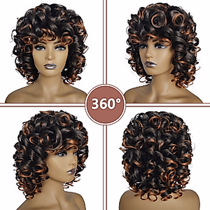 KEAT Curly Wigs for Black Women Short Big Curly Kinky Wigs for Women Afro Wavy Black Mixed Brown Wig with Bangs Cute Natural Synthetic Wigs for African American Women K002
