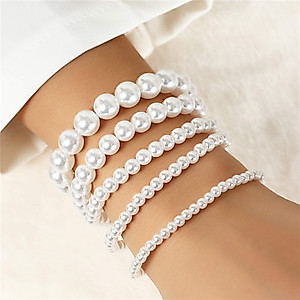 Pingyongchang 6Pcs Stackable Venetian Pearl Flat Brass Bead Ball Bracelet Set Simple Delecate Gold Beaded Stretch Bracelets Friendship Bangle Boho Stretchable Elastic Bracelet for Women-P