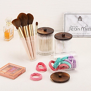 Tbestmax 4 Pack Qtip Holder Bathroom Set, 10 oz Restroom Bathroom Organizers and Storage Containers, Clear Plastic Apothecary Jars with Wood Lids for Cotton Ball, Cotton Swab, Floss