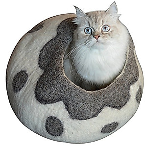 Cat Cave Bed - Gray White Handmade Felted Wool, Large Covered Cozy Cocoon, Indoor Hideaway Igloo House, Also Perfect Kitten Gift , by Earthtone Solutions (Cozy Pueblo)