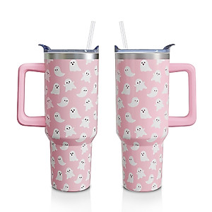 Aokoyi Halloween Ghosts 40 Oz Tumbler with Handle and Straw, Cute Spooky Stainless Steel Double Walled Vacuum Insulated Cup, Holiday Gifts for Women Girls
