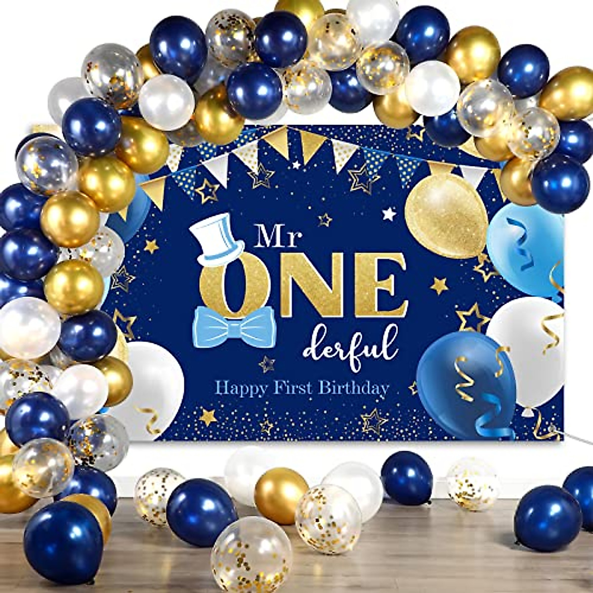 Boys 1st Birthday Decoration Mr. Onederful Birthday Party Supplies 1st Happy Birthday Backdrop Photography Background with Balloons for Baby Toddler Little Man First Birthday Decor (Blue and Gold)