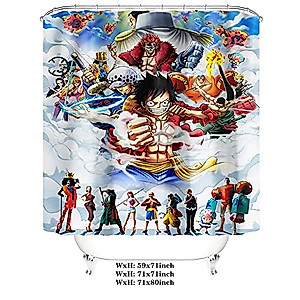 4 Piece Cool Anime Shower Curtain Sets with Non-Slip Rugs, Toilet Lid Cover, Bath Mat and 12 Hooks, Bathroom Decor Set Accessories Waterproof Shower Curtains