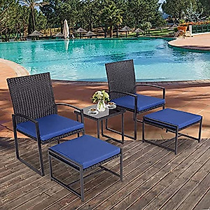kinbor 5 Pieces Wicker Patio Furniture Set - PE Rattan Outdoor Patio Chairs with Ottomans Conversation Sets with Glass Coffee Table and Cushions for Poolside, Garden, Balcony, Porch (Dark Blue)