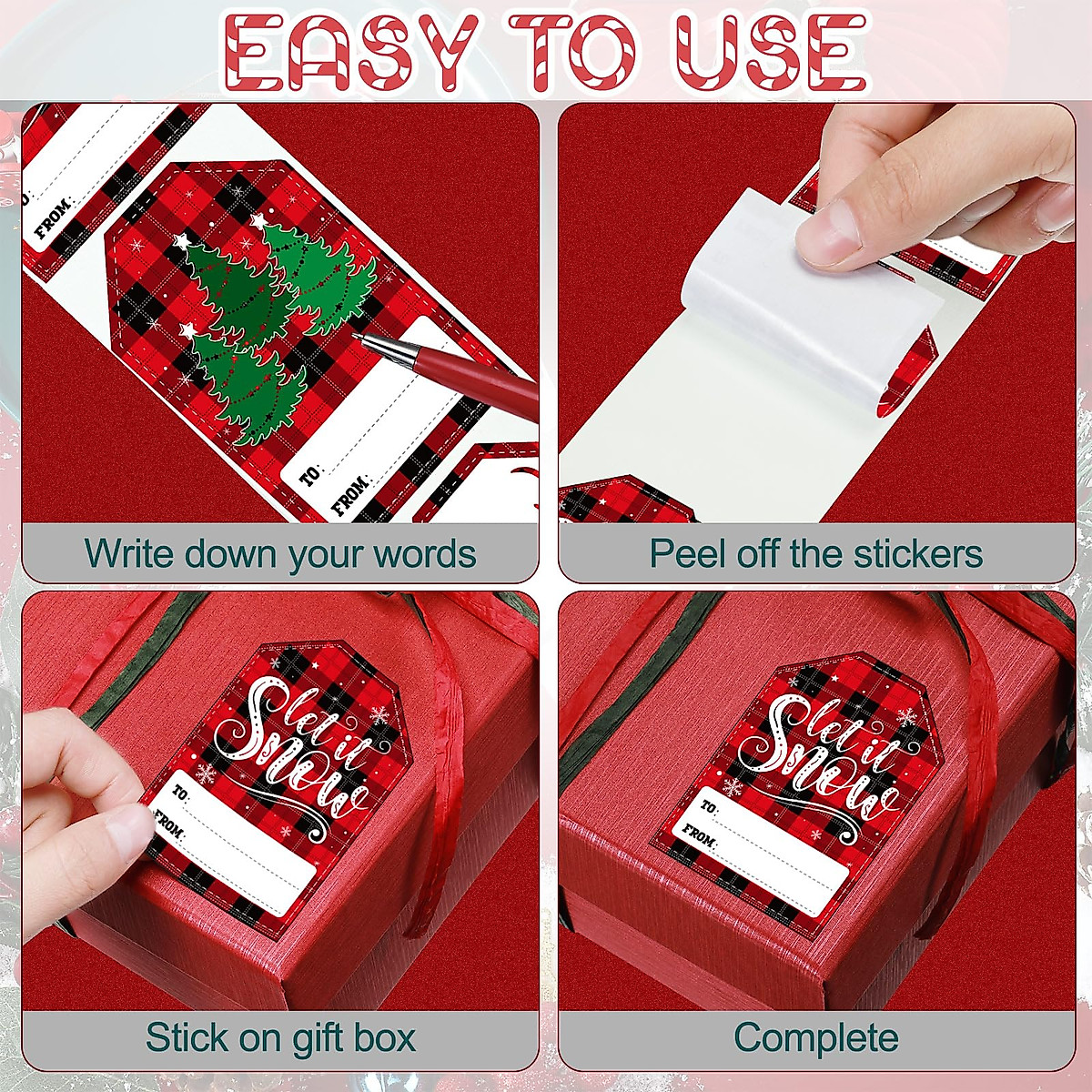 480 Pcs Christmas Gift Tag Stickers Self Adhesive Christmas Name Labels Buffalo Plaid Present Stickers Labels Xmas to and from Tag for Holiday Present Box Gift Wrapping Supplies(Classic Pattern)