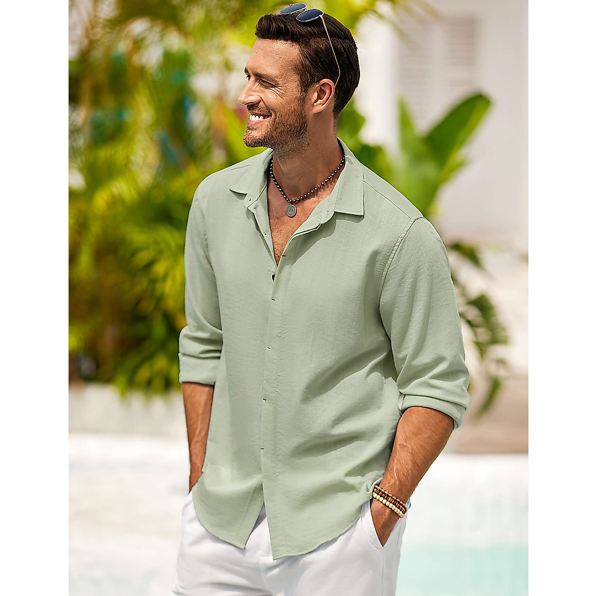 COOFANDY Men's Beach Shirt Button Up Shirts Casual Long Sleeve Slim Fit Summer Shirts Light Green