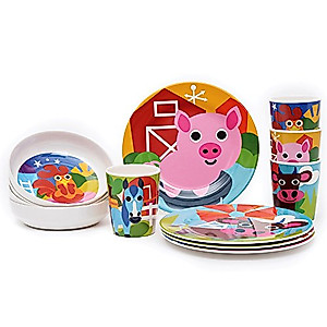 French Bull 4pc Toddler Kids Feeding Melamine Tableware Flatware BPA Free Dishwasher Safe, Durable Plate, Cup, bowl, Divided Tray Dinnerware Set, Farm, 4pc bowl set (74292)