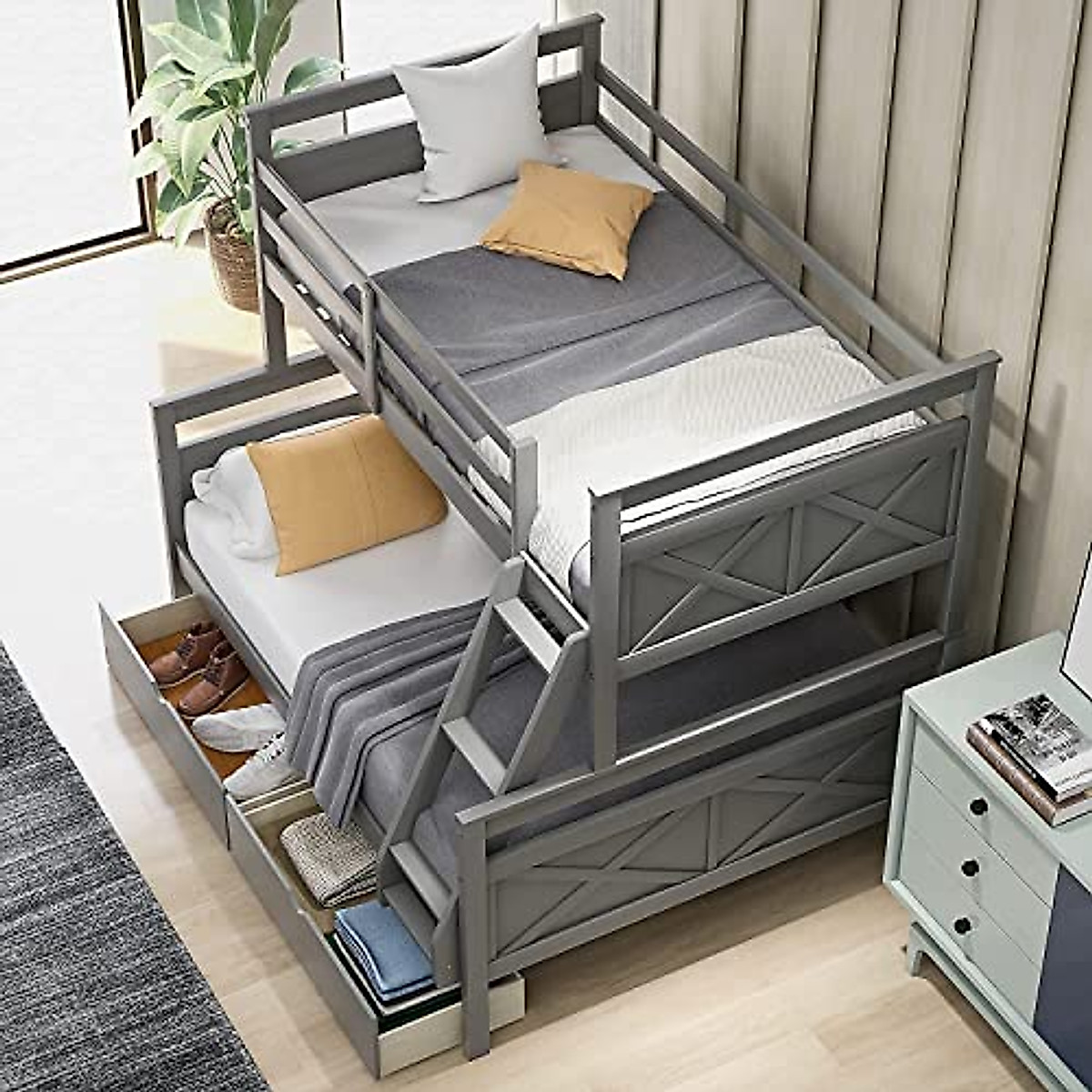 Twin Over Full Bunk Bed with Storage Drawers, Solid Wood Bunk Bed Frame for Kids, Teens, Adults (Gray)