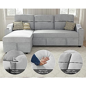 Ucloveria Reversible Sectional Sofa Couch, 82" Sleeper Sofa Bed with Storage Chaise Pull Out Couch Bed for Living Room L-Shape Lounge 2 in 1 Futon Sofa with Two Cup Holder, Grey