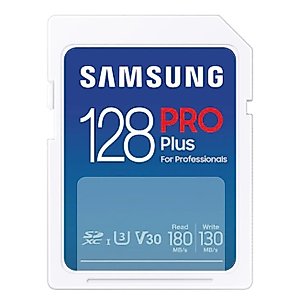 SAMSUNG PRO Plus Full Size 128GB SDXC Memory Card, Up to 180 MB/s, Full HD & 4K UHD, UHS-I, C10, U3, V30 for DSLR, Mirrorless Cameras, PCs, MB-SD128S/AM, 2023