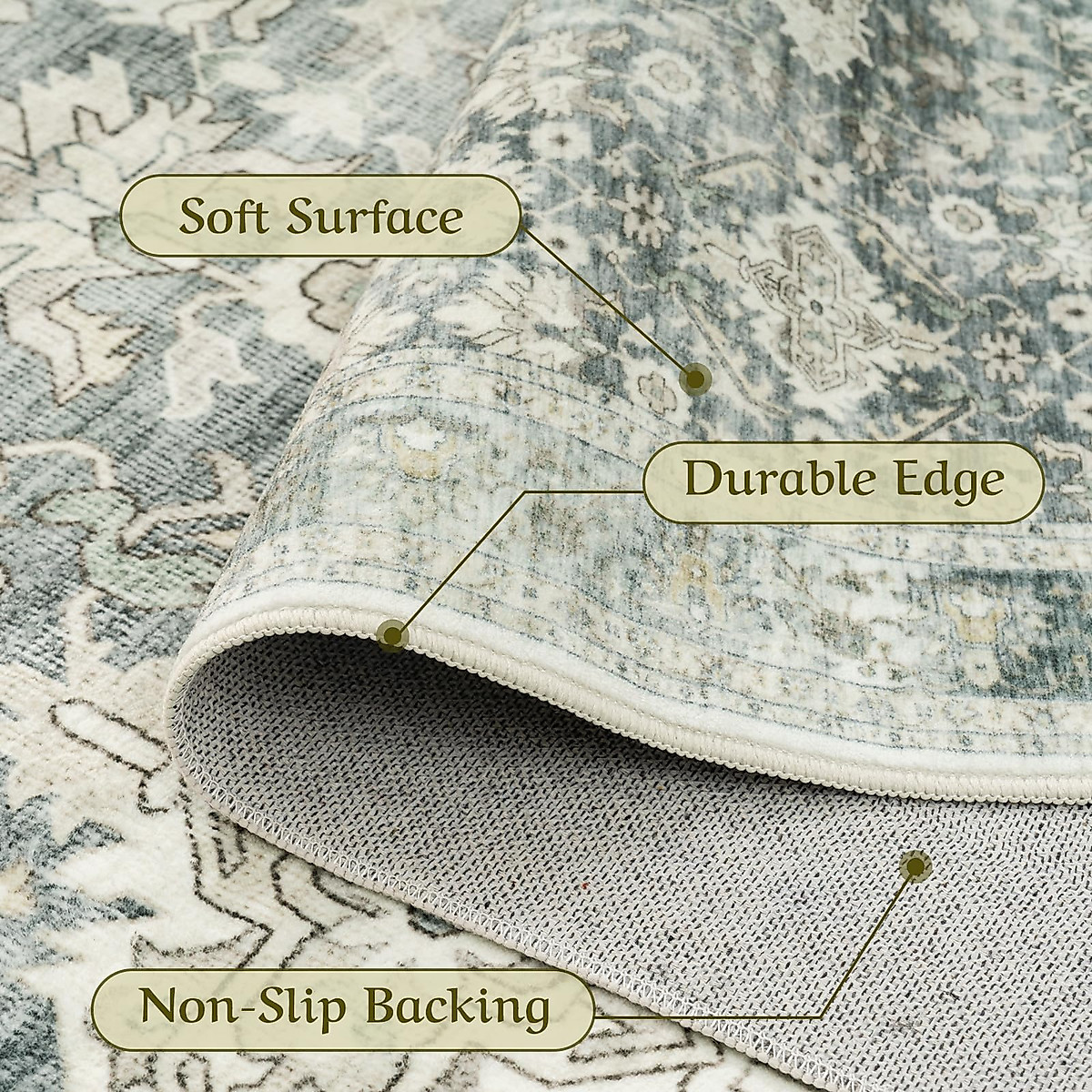 HOMFINE Machine Washable Rug 5'x7' - Vintage Design Area Rugs with Non Slip Rugs for Living Room Bedroom Floral Print Rug Carpet Stain Resistant, Home Decor Office Area Rug, Green