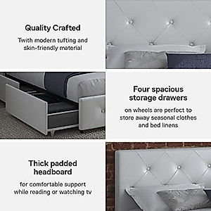 DHP Dakota Upholstered Platform Bed with Underbed Storage Drawers and Diamond Button Tufted Headboard and Footboard, No Box Spring Needed, Queen, White Faux Leather