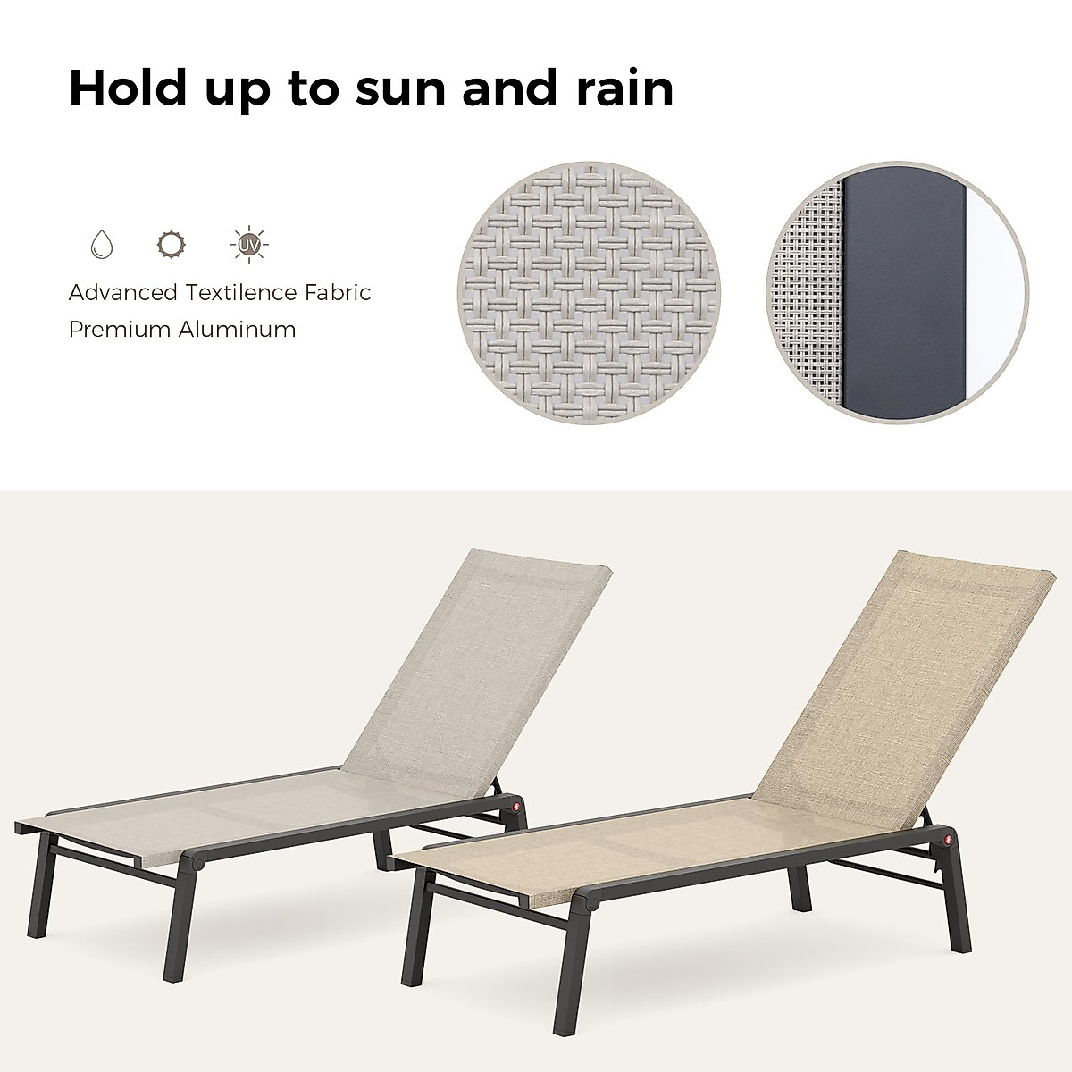 FHVIT Patio Chaise Lounge Set of 2 with 5 Adjustable Backrest, Foldable Aluminum Chaise Lounge Chair Recliner for Outdoor, Poolside, Sun Tanning