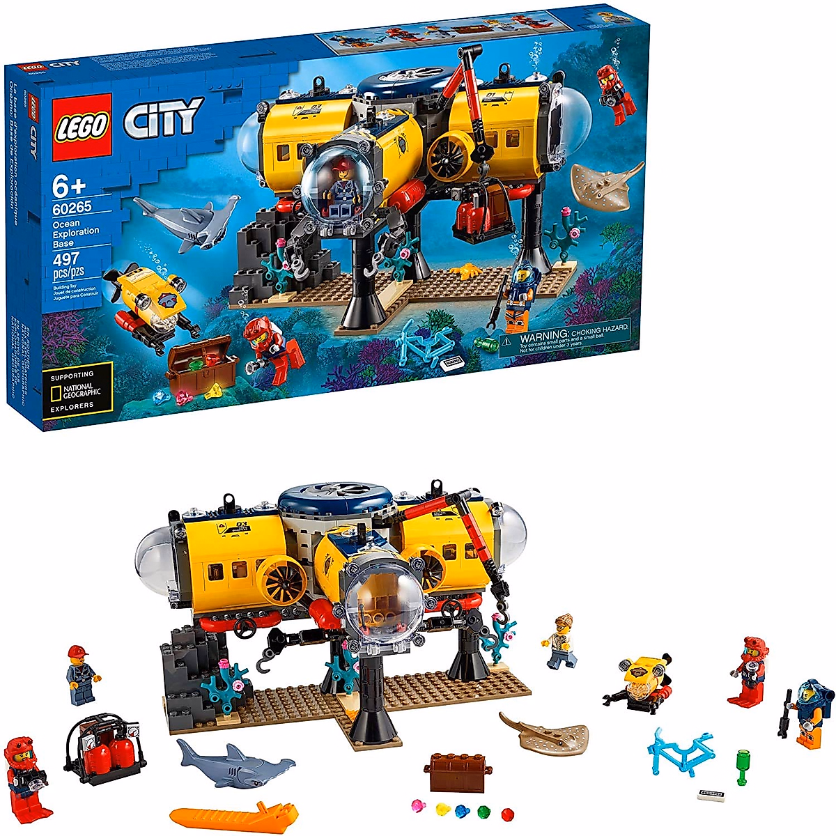 LEGO City Ocean Exploration Base Playset 60265, with Submarine, Underwater Drone, Diver, Sub Pilot, Scientist and 2 Diver Minifigures, Plus Stingray and Hammerhead Shark Figures (497 Pieces)
