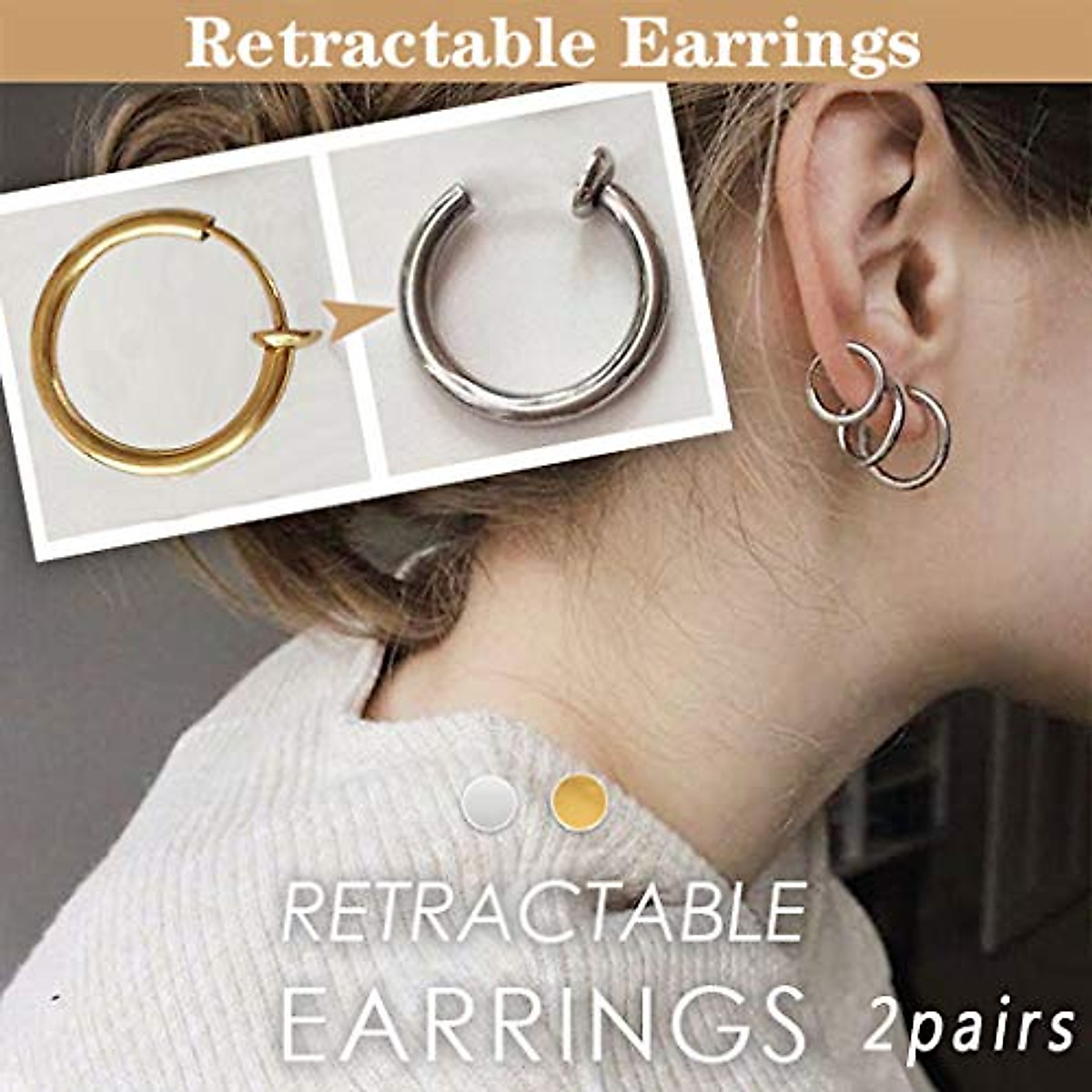 Clip on Body Nose Lip Ear Fake Retractable Earrings Hoop Earrings Septum 2 Pairs KANGMOON