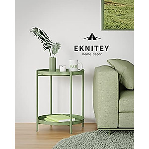 EKNITEY 2 Tier End Table - Metal Side Table Waterproof Small Sofa Coffee Side Tables Bedroom Indoor Outdoor with Removable Tray for Living Room Bedroom Balcony and Office (Atrovirens)