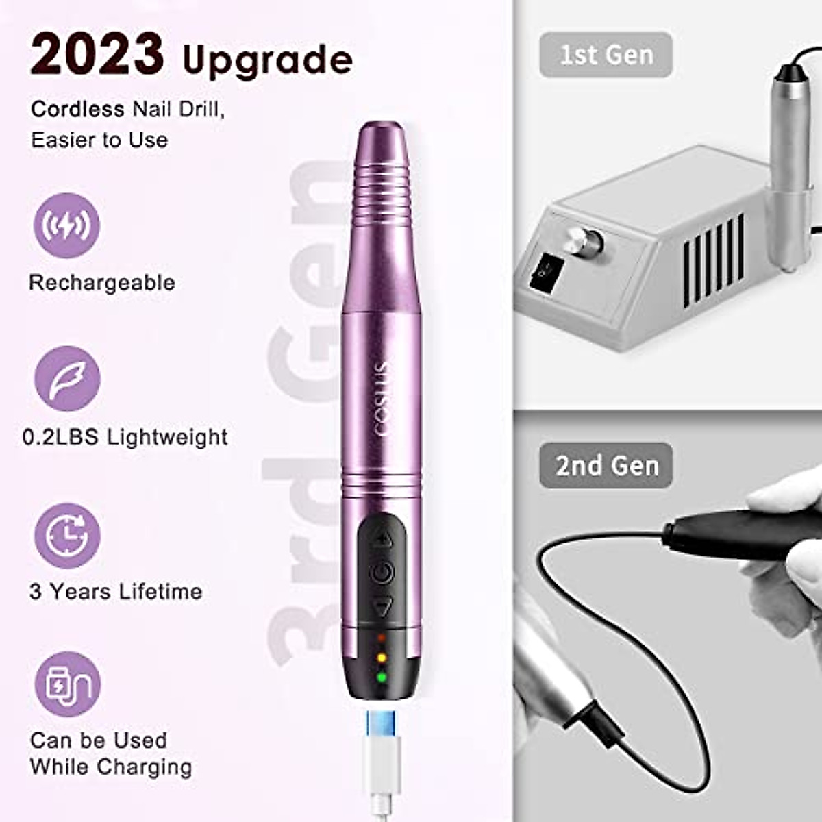 Cordless Nail Drill Electric File: Professional for Acrylic Gel Dip Powder Nails Portable Nail Drill Machine Kit for Manicure Pedicure Nail Set with Everything Rechargeable Lightweight