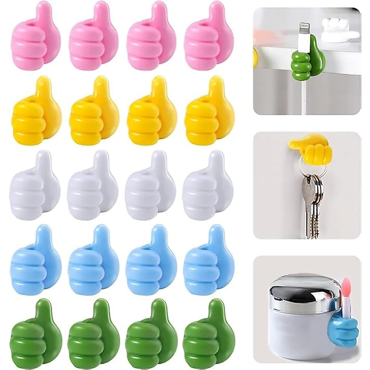 20 Pcs Self Adhesive Silicone Thumb Hooks – Multifunction Thumb Up Wall Hooks for Cable Clip, Key Holder, Wire Management, Small Command Hooks – Versatile Wall Hangers