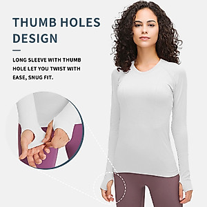 Long Sleeve Workout Shirts for Women Seamless Yoga Tops, Running T-Shirt Breathable Gym Athletic Tops Slim Fit White