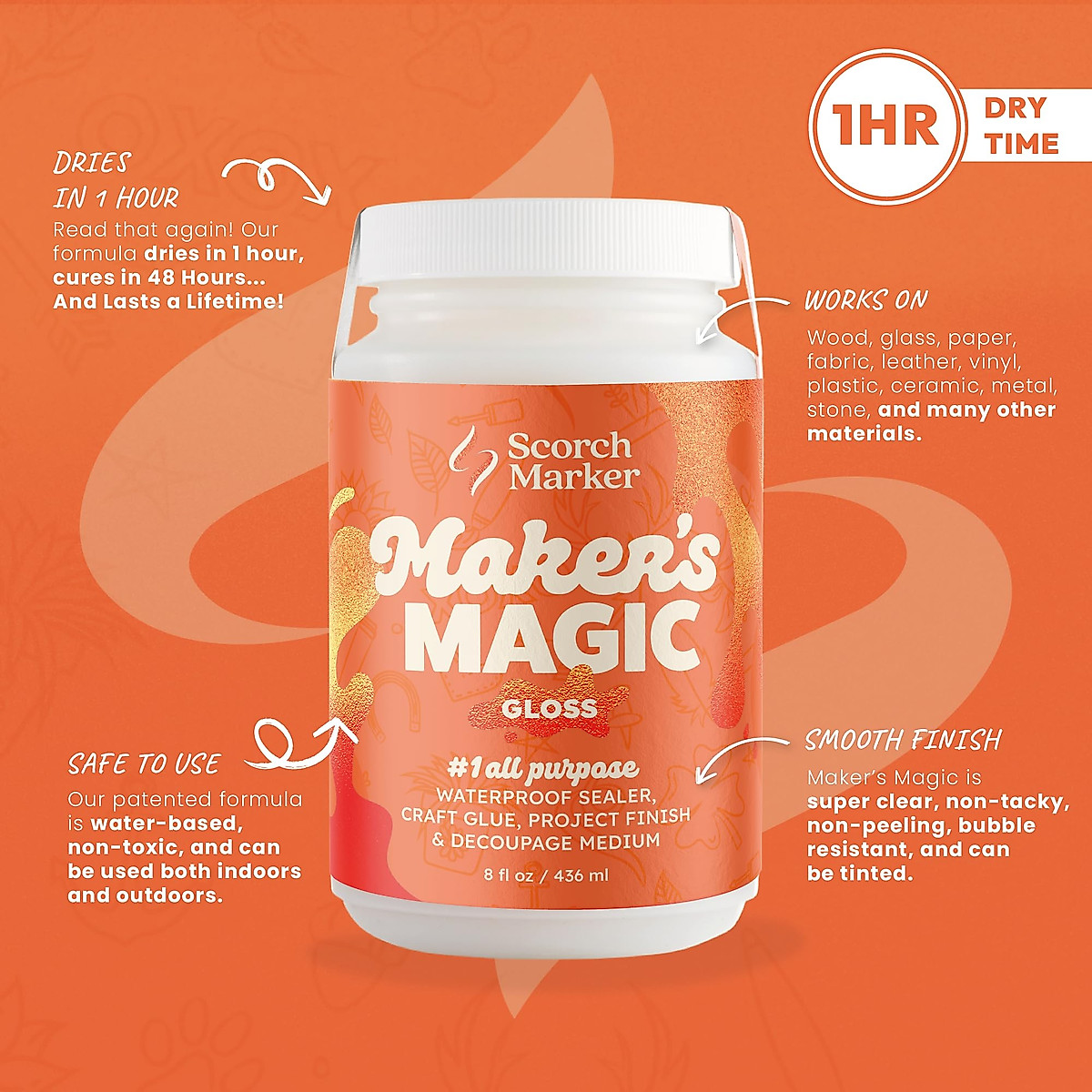 SCORCH MARKER - Maker’s Magic Sealer, All Purpose Glue, Waterbase Glue, Sealer, & Finish for Decoupage, DIY Crafts, & Art Projects, Craft Glue, w/Quickest Dry & Cure Time, Gloss Finish, 8Oz (1 Pack)