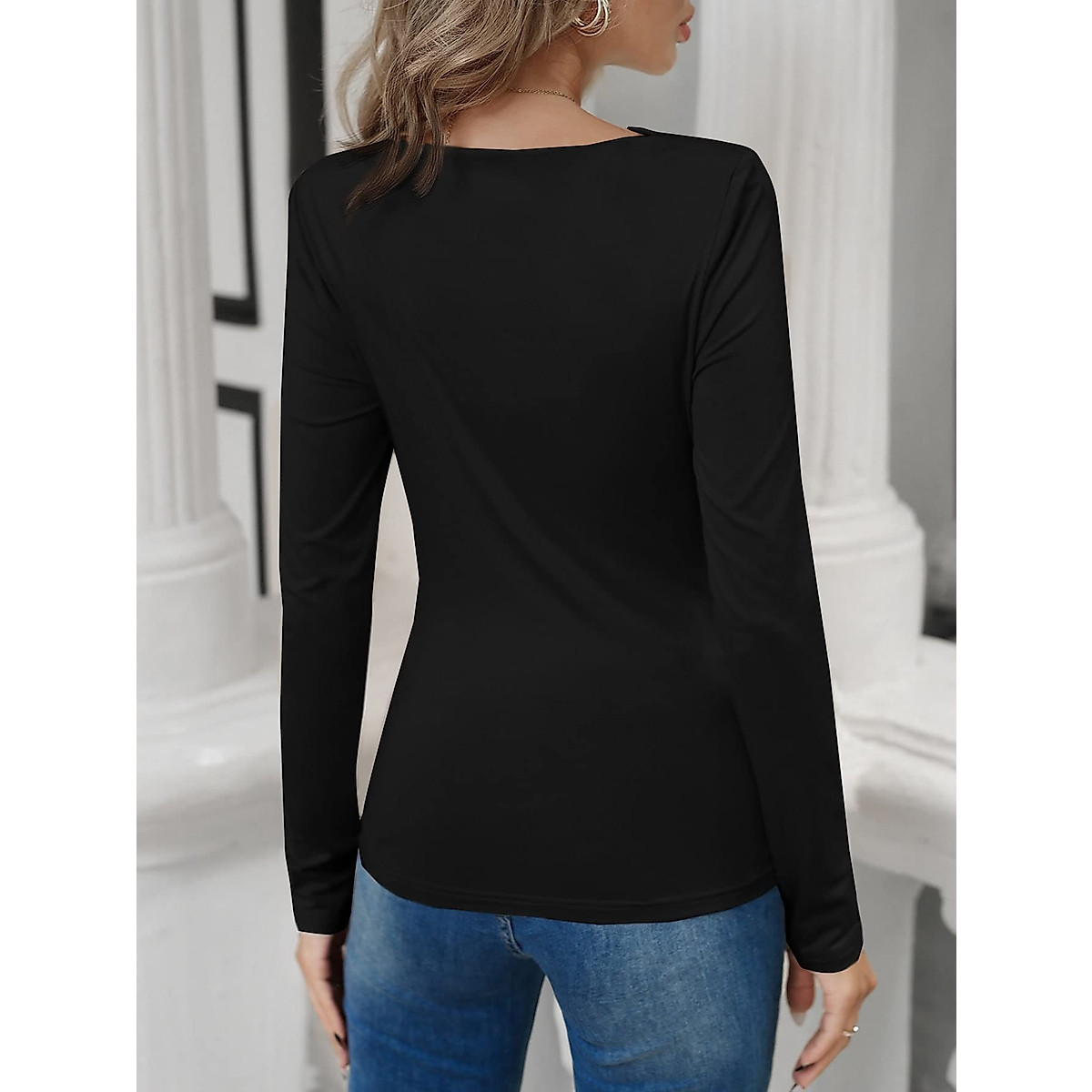 SweatyRocks Women's Boat Neck Long Sleeve Solid Tee Casual Stretch Slim Fit Ruched T Shirt Black M