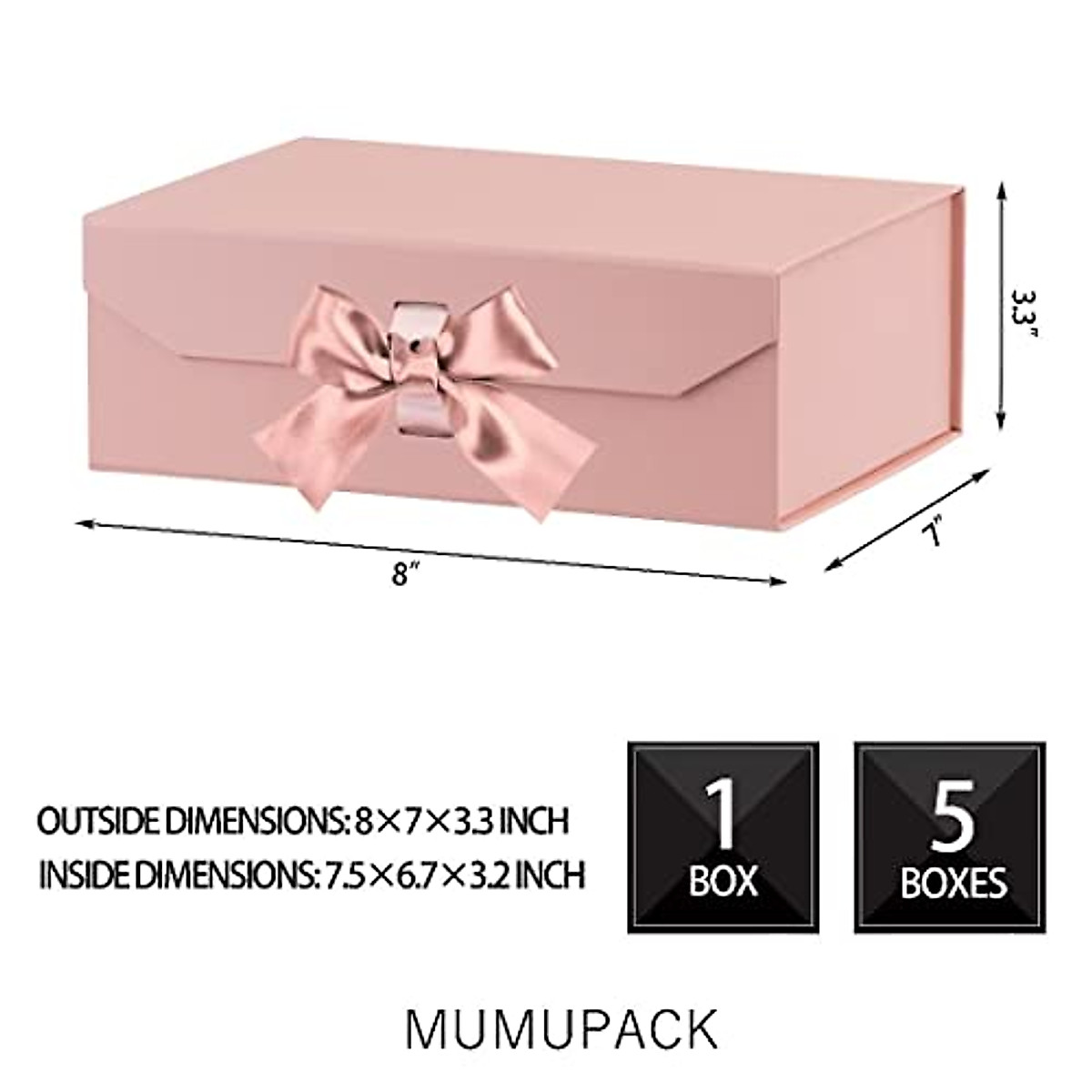 MUMUPACK 5 Pink Gift Boxes with Lid for Presents 8x7x3.3 Inches with Ribbon and Magnetic Closure, Collapsible Matte Textured Finish Box for Mother's Day, Birthdays, Bridal Gifts,Weddings