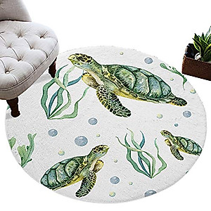 Ultra Soft Round Area Rug 4ft, Ocean Turtles, Fluffy Shag Absorbent Water Circle Rugs Runners for Living/Dining Room/Bedroom, Green Seagrass, Non Slip Round Floor Carpet Nursery Rug, Modern Home Decor