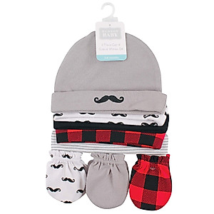 Hudson Baby Unisex Cotton Cap and Scratch Mitten Set, Mustache, 0-6 Months