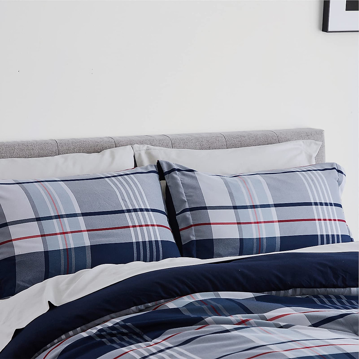 Bedsure Twin Comforter Set Plaid - Grid Navy Blue and Grey Comforter, Lightweight Comforter Checkered Soft Twin Bed Comforter Set for Boys with 1 Pillow Sham (Twin, 68"×88")