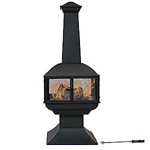 Sunnydaze 57-Inch Black Steel Chiminea with Log Grate, Cover, and Poker - Protective Mesh Screen - 360-Degree Fire View