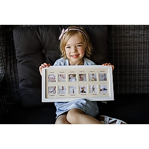 WOOD SIDE ORBIS First Year Newborn Baby Collage Keepsake Picture Frame for Photo Memories with Double Beige Mat and Twelve 2.5x2.5 Slots - Pink