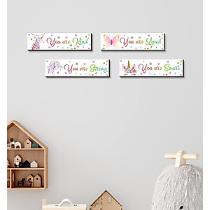 4 Pieces Girl Unicorn Decor Wooden Hanging Wall Plaques, Wall Art Inspirational Quotes, Wood Unicorn Hanging Plaque Bedroom Decorations for girl Baby Toddler Kids Teen