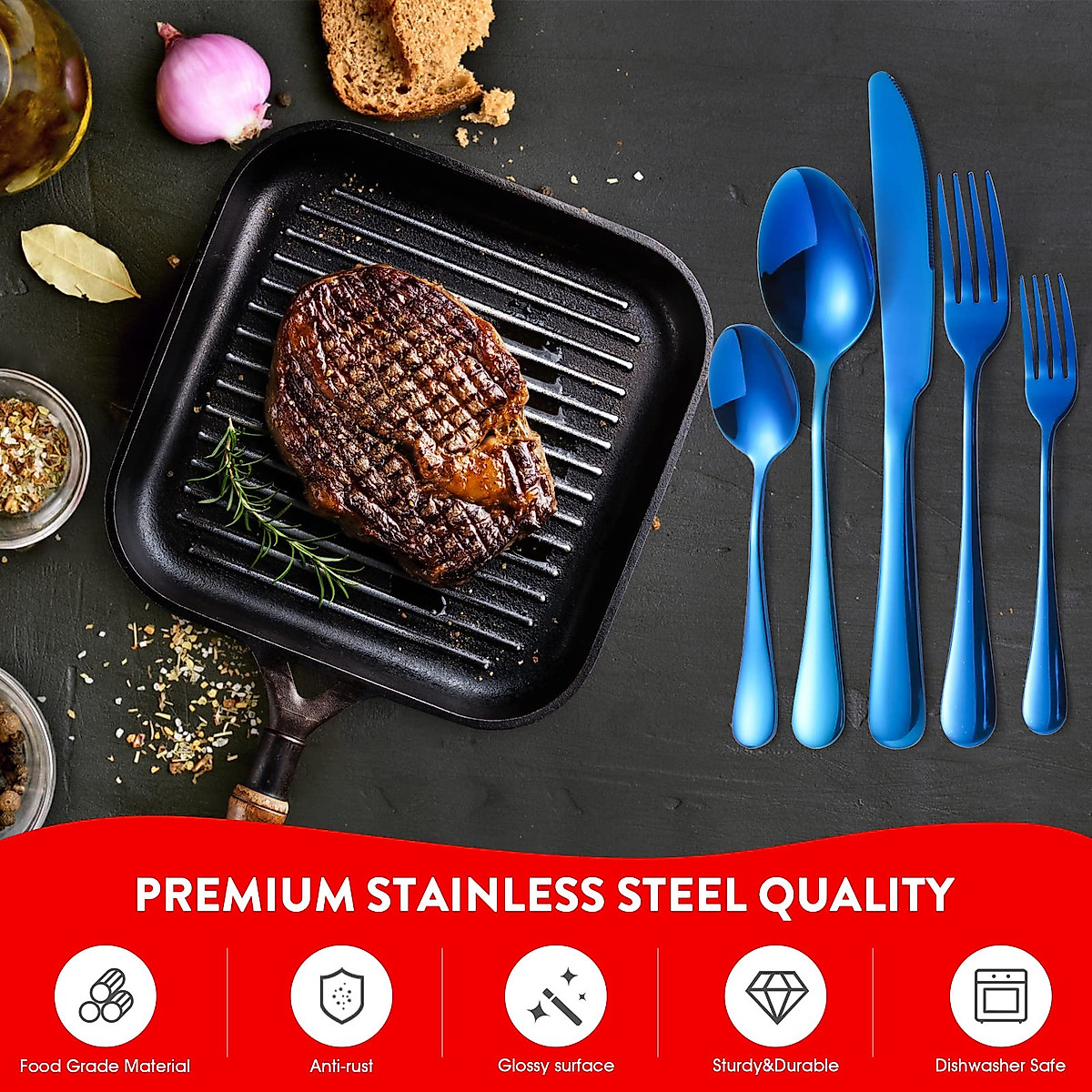 60 PCS Blue Silverware Set with Organizer Tray Service for 12,KITWARE Stainless Steel Flatware Cutlery Set,Mirror Polished Cutlery Utensil Set,Home Kitchen Dinnerware Fork Knife Spoon Set