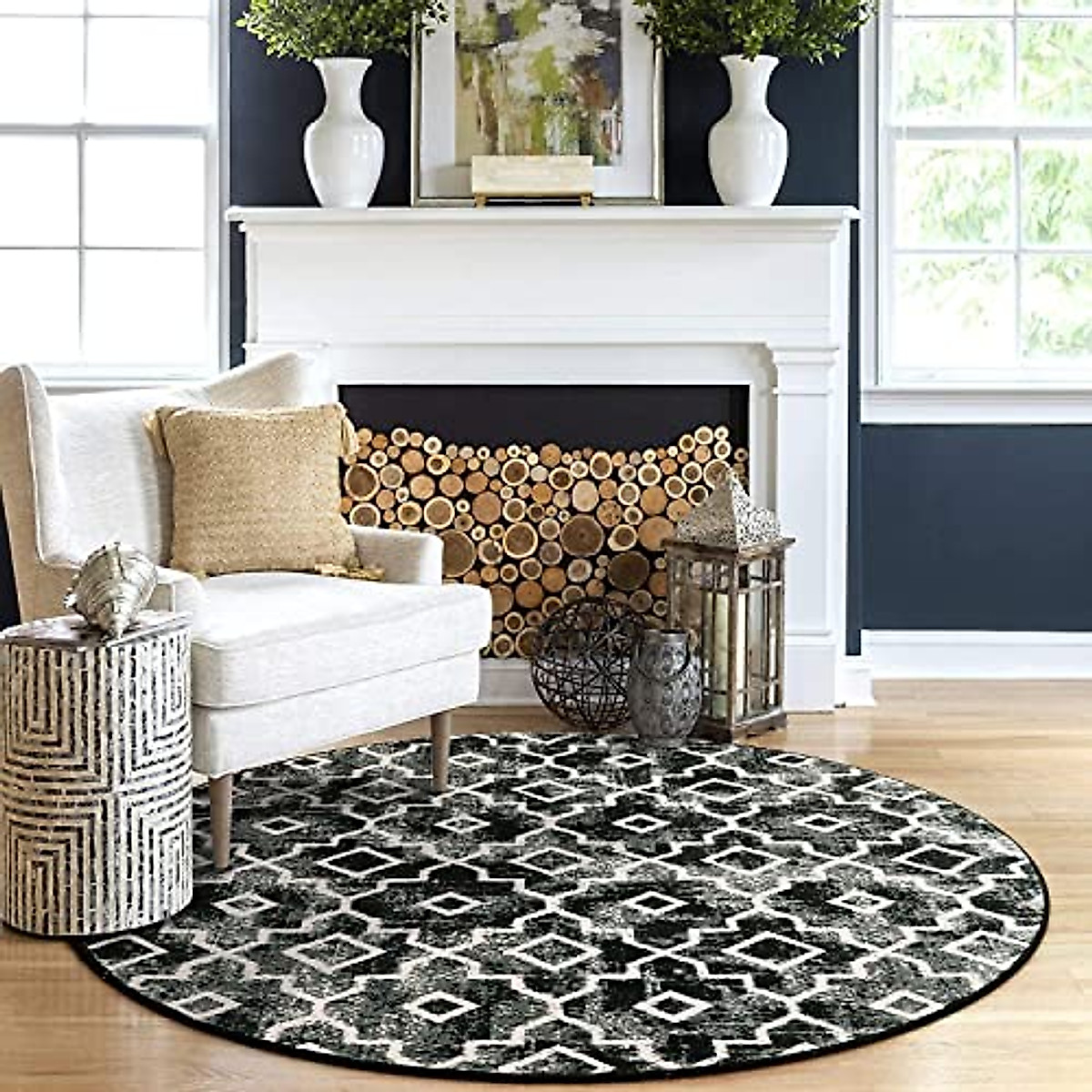 Wonnitar Moroccan Washable Round Rug 5ft Large Black Bedroom Circle Rug Non-Slip Dining Room Table Area Rug Contemporary Entryway Floor Carpet for Living Room Office Entryway (Black,5ft Round)