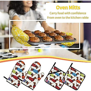 Pajamas Dachshund Pattern Oven Mitts and Pot Holders Sets of 4,Resistant Hot Pads Non-Slip BBQ Gloves for Kitchen,Cooking