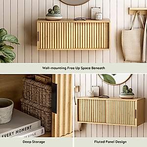 EYYTHUNG Fluted Wall Cabinet with Sliding Doors, Modern Large Floating Nightstand Storage Shelf Bedside Tables for Bedroom, Study Room Natural Oak