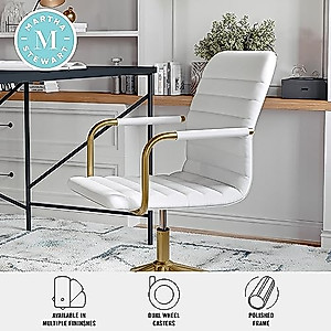 Martha Stewart Taytum Swivel Task Chair with Armrests for Home Office in White Faux Leather with Polished Brass Frame