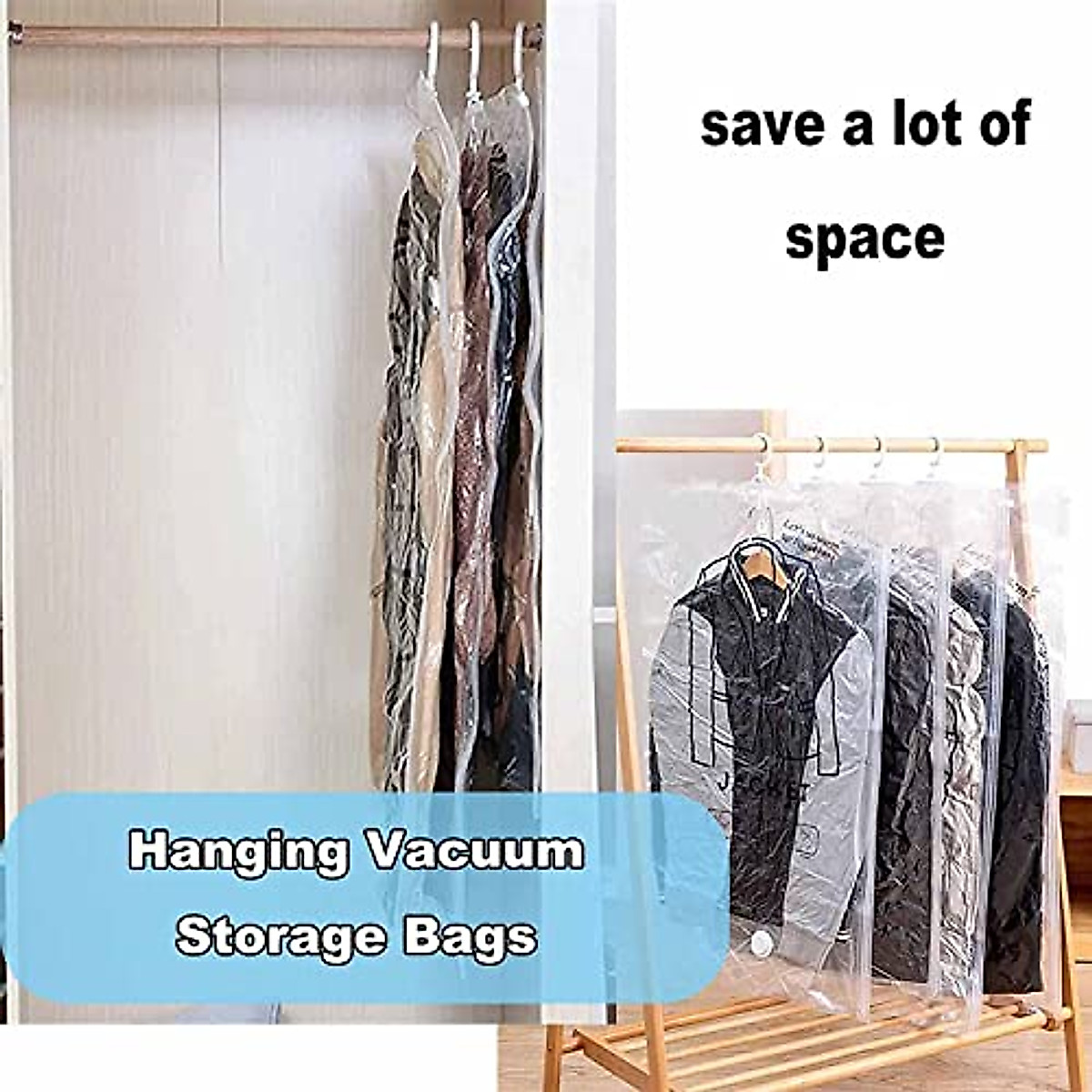 HAGUAN Hanging Vacuum Storage Bags, Reusable Space Saver Vacuum Storage Bags for Clothes, Hanging Storage Bags Vacuum Sealed for Home and Closet Organization (5PCS,M (67 * 90cm))