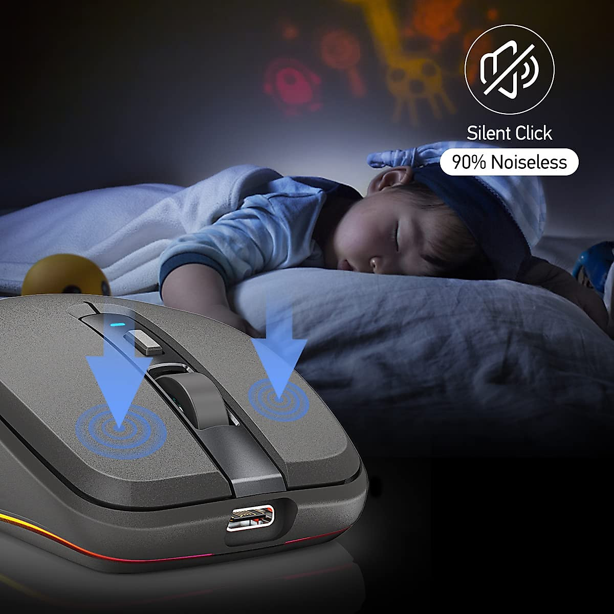 FMOUSE Rechargeable Wireless Mouse, Silent Mouse with RGB Lights, 2.4G Wireless & Bluetooth 5.1 Dual Mode 2400 DPI USB-C 700mAh Battery, Ergonomic Mouse for PC, Computer, Laptop, Desktop (Black)