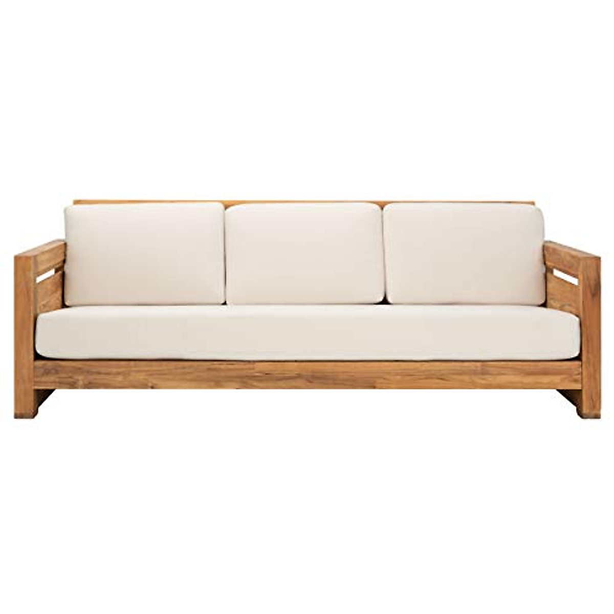 Safavieh CPT1008A Couture Guadeloupe Brazilian Teak Outdoor 3-Seat Patio Sofa, Natural/White